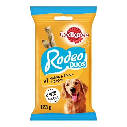 Snack para perros adultos Pedigree Rodeo dúo pollo y bacon 123 g ...