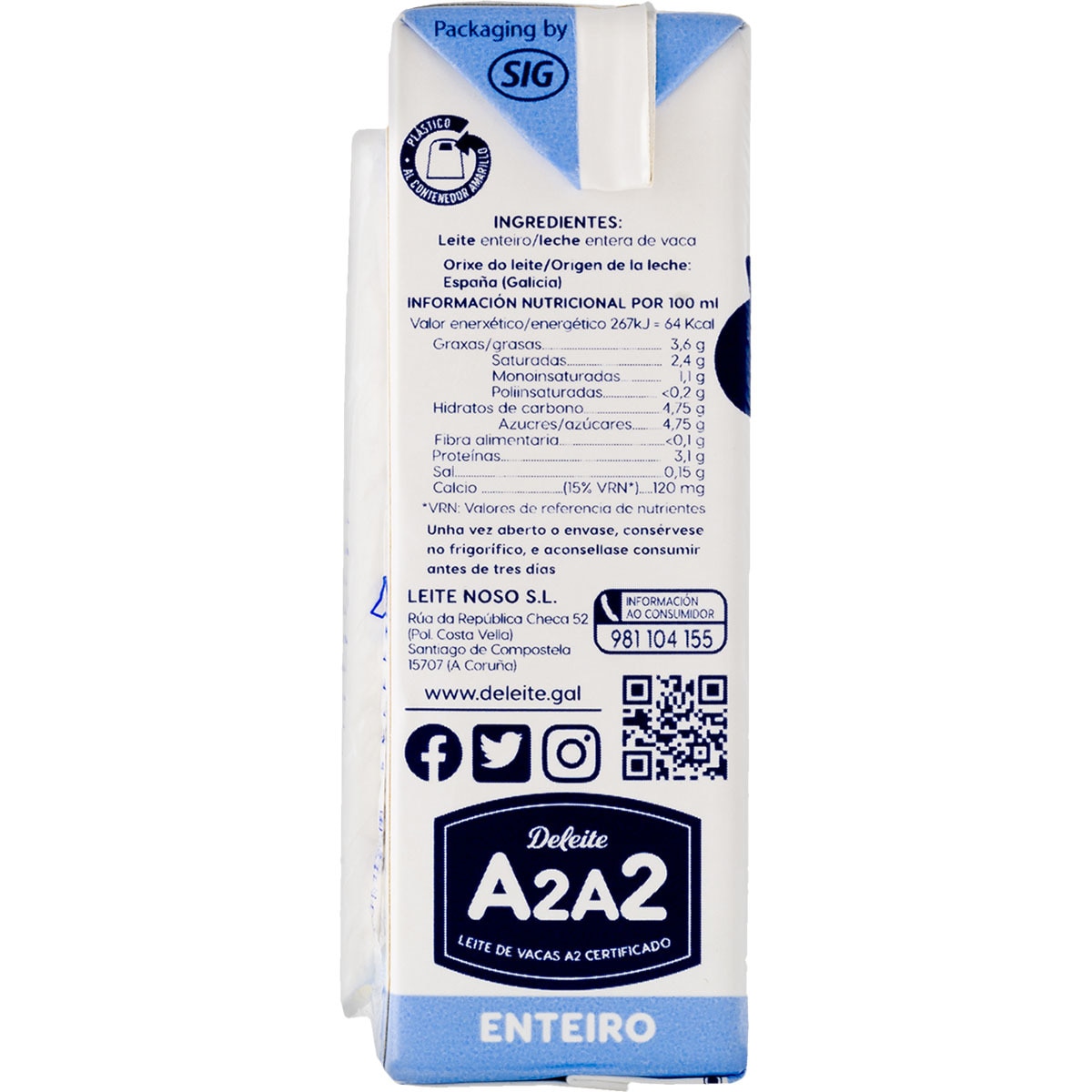 A2A2 leche entera sin lactosa pack 6 briks 200 ml · DELEITE · Supermercado El Corte Inglés El ...