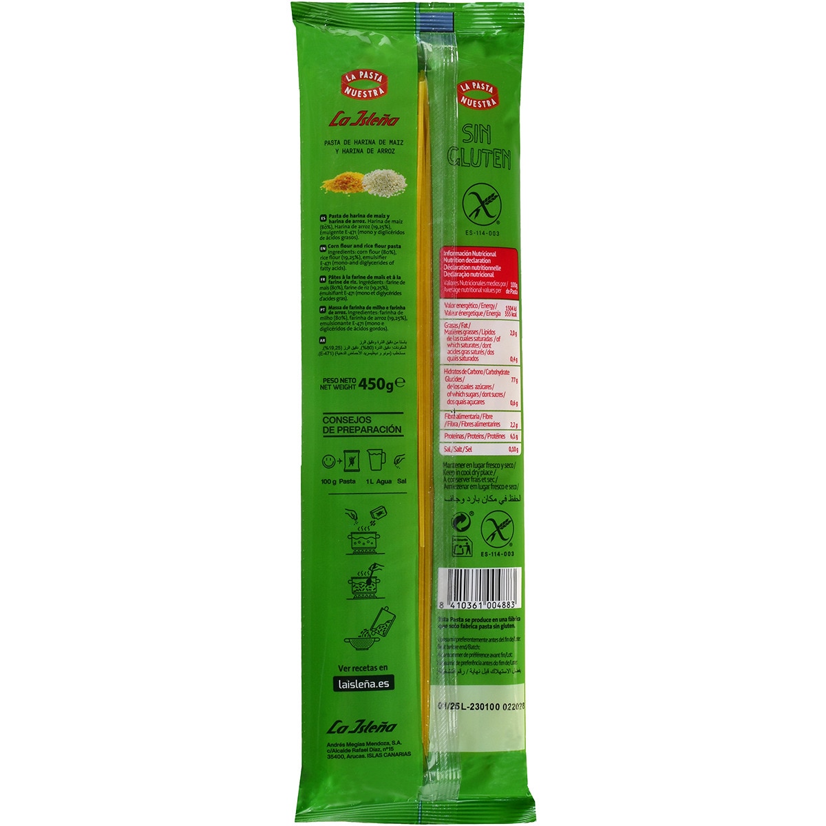 Spaghetti de pasta de harina de maíz y harina de arroz sin gluten envase 450 g · LA ISLEÑA ...