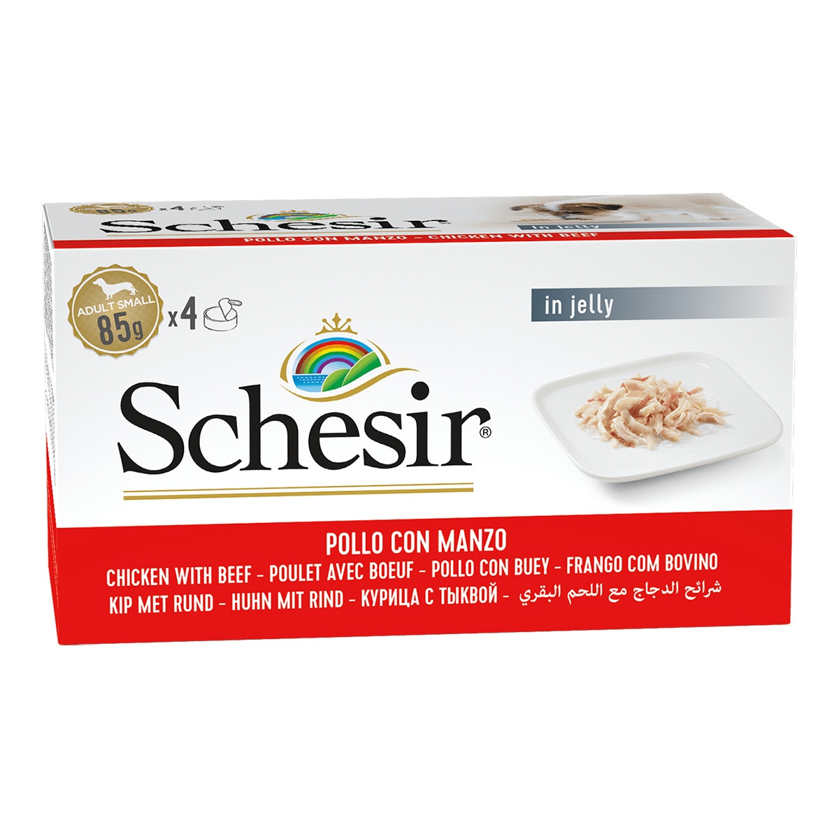 Comida húmeda para perros adultos minis Schesir gelatina pollo con buey 4 x 85 g · Schesir · El ...