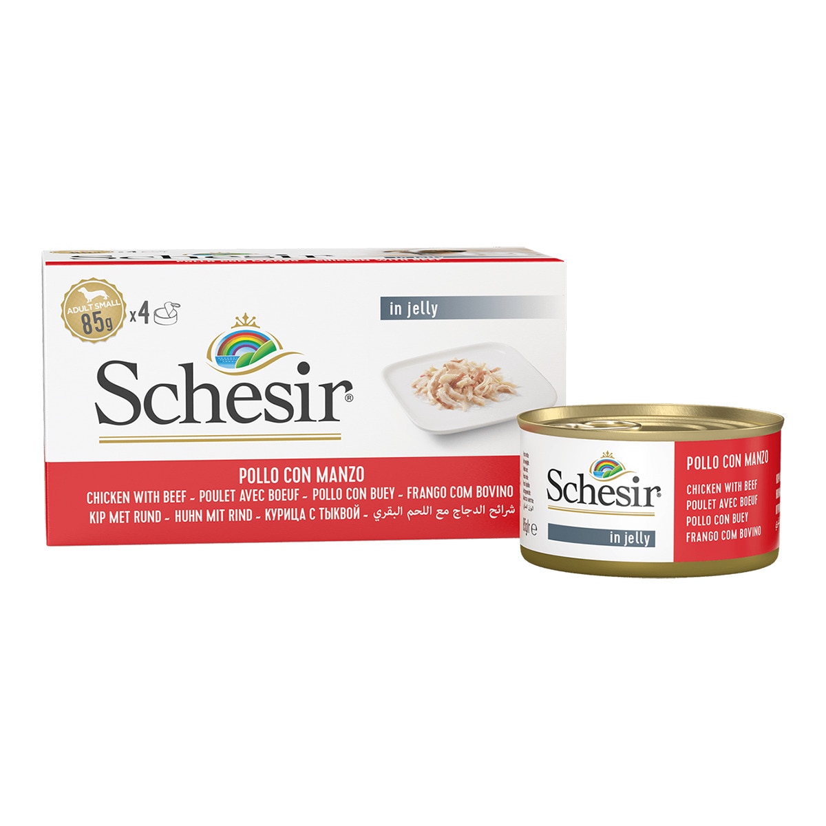 Comida húmeda para perros adultos minis Schesir gelatina pollo con buey 4 x 85 g · Schesir · El ...