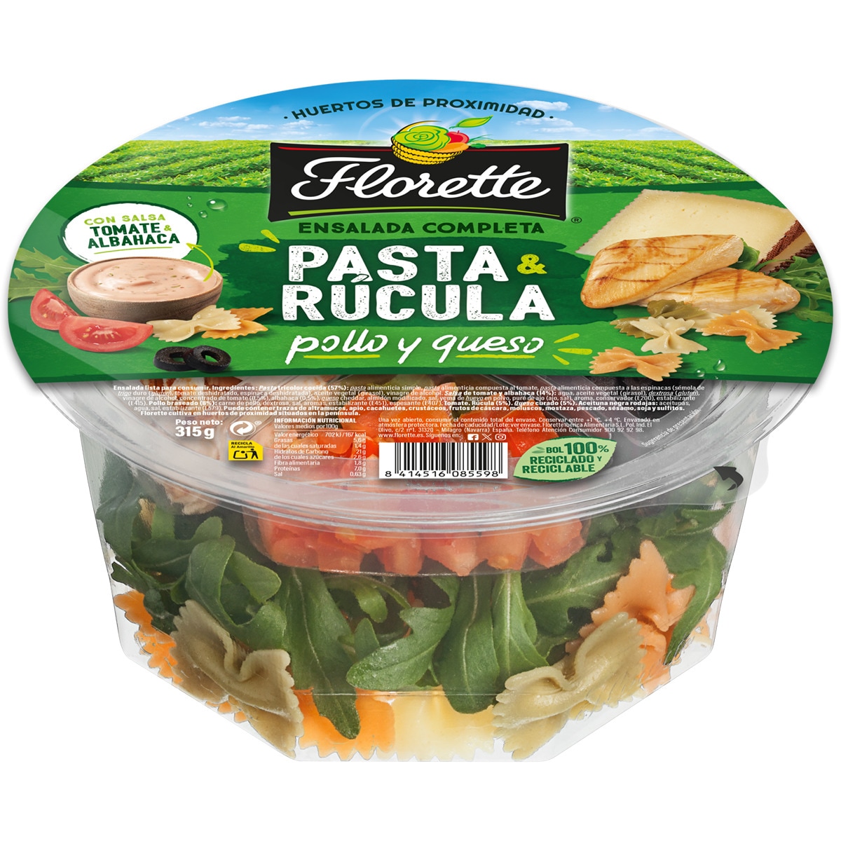 Ensalada Completa pasta & rúcula con pollo y queso tarrina 320 g ...