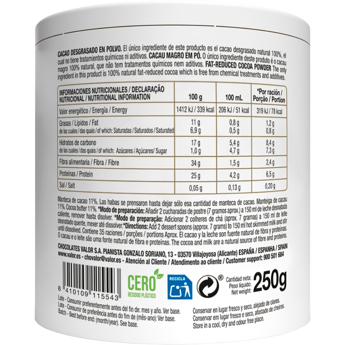 Cacao puro 100% natural bote 250 g · VALOR · Supermercado El Corte Inglés El Corte Inglés