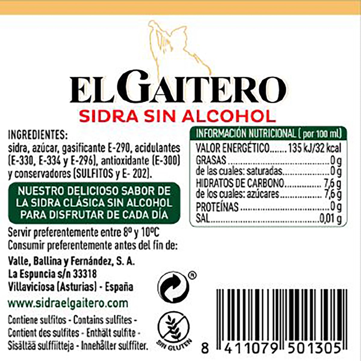 Sidra achampanada sin alcohol Etiqueta Verde botella 75 cl · EL GAITERO ...