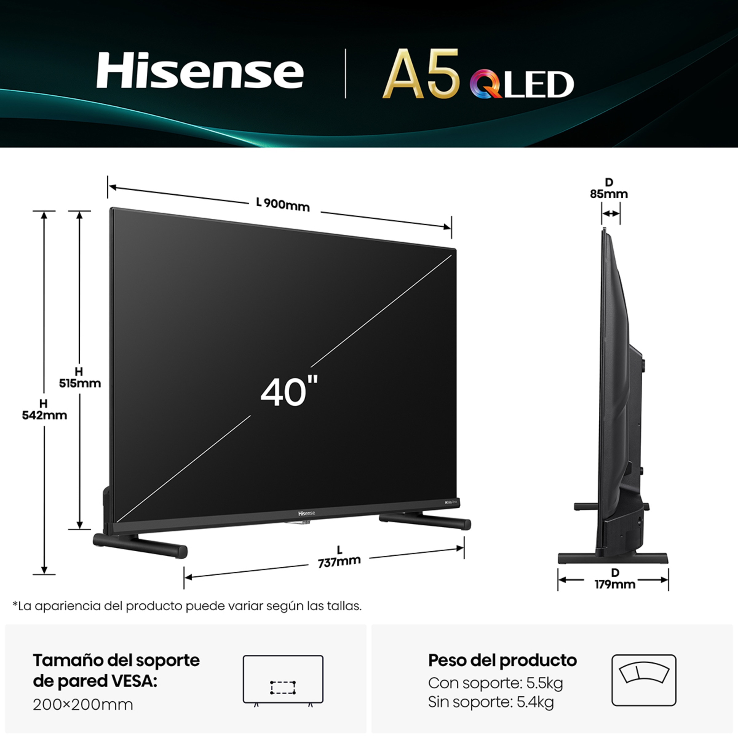 TV QLED 100 cm (40") Hisense 40A5Q, Full HD, Smart TV · Hisense · El Corte Inglés