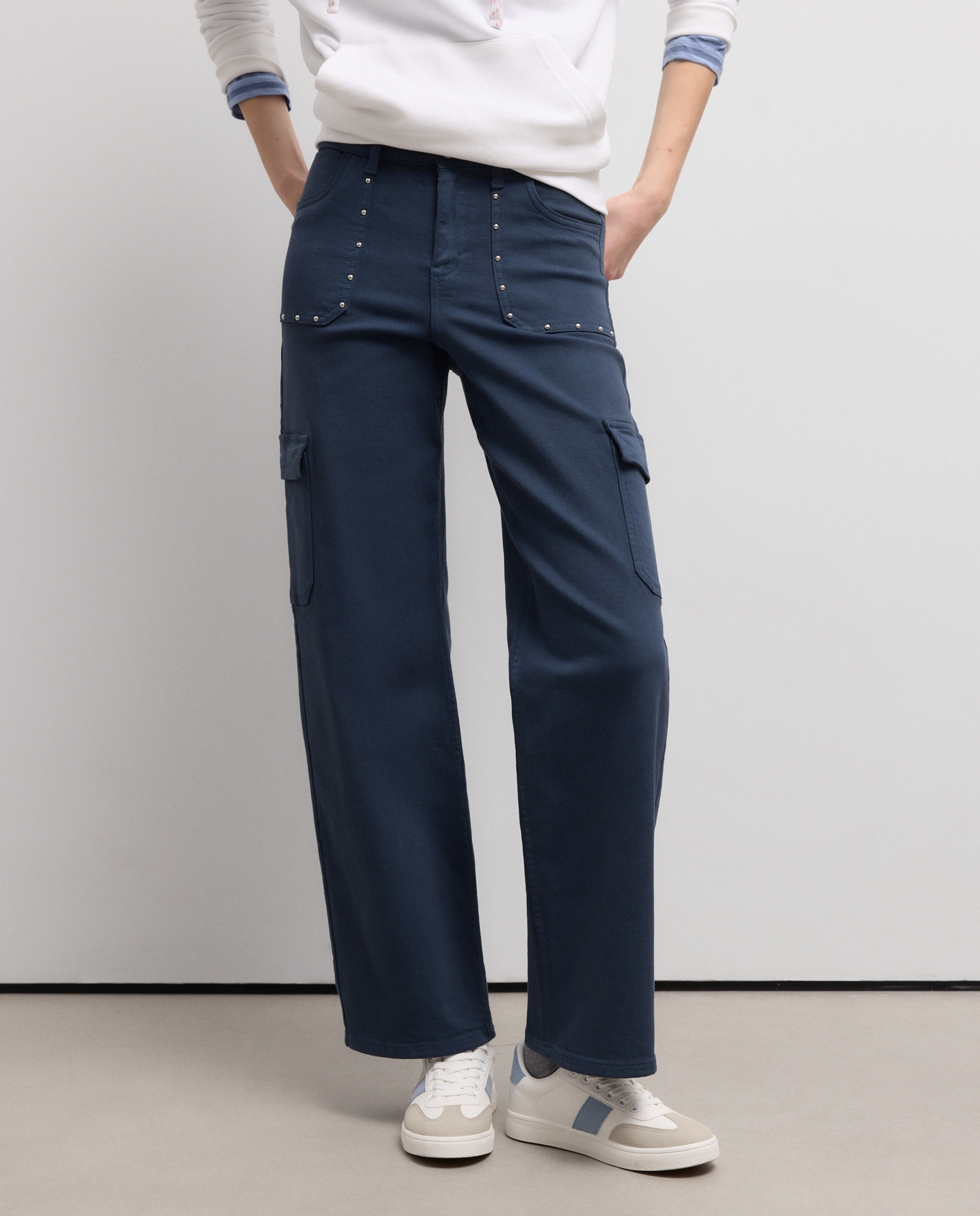 Pantalón recto liso de algodón de mujer Azul marino Green Coast · El ...